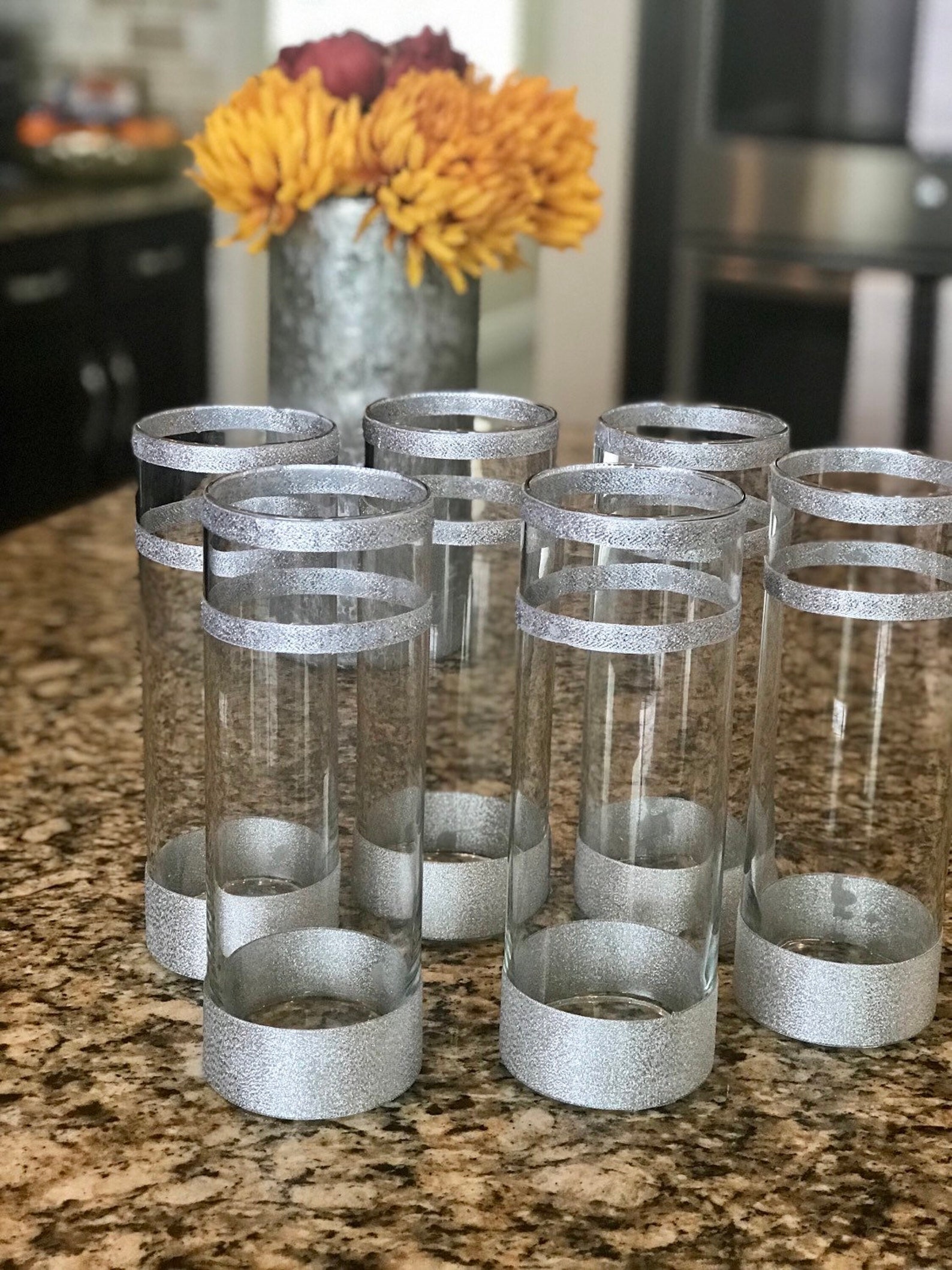 6 Cylinder Vases Decorated With Silver Shimmering Ribbons or | Etsy