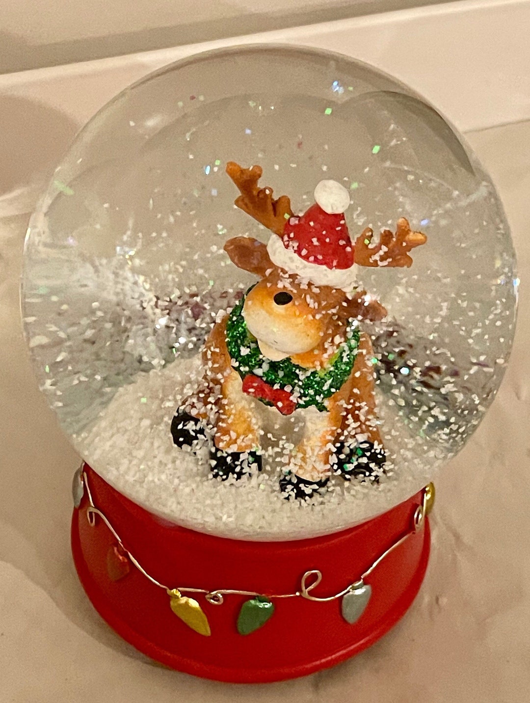 Musical Snow Globe, Glass Water Globe, Festive Reindeer on a Red Ornate ...
