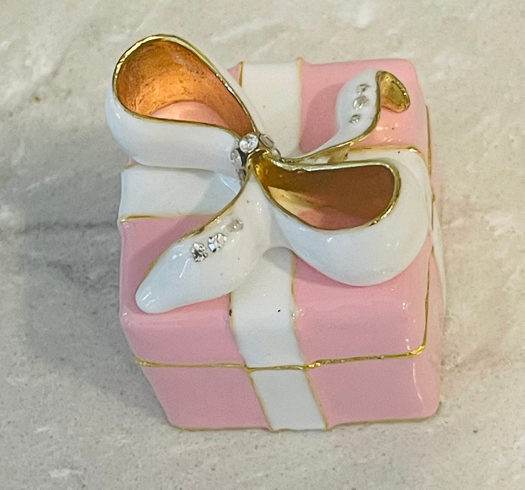 Enchanting Pink Porcelain Trinket Box, With Bow and Clear Crystals ...
