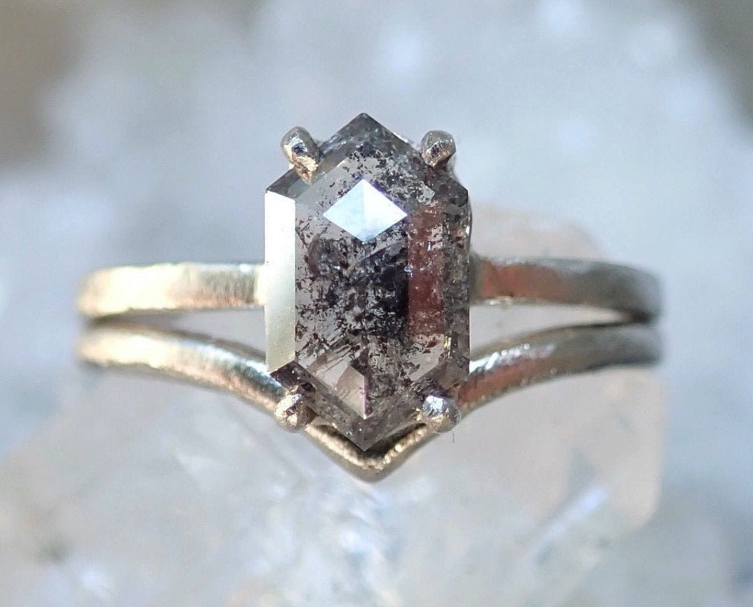 Custom: Elongated Hexagon Cut, Salt and Pepper Diamond Engagement Ring ...