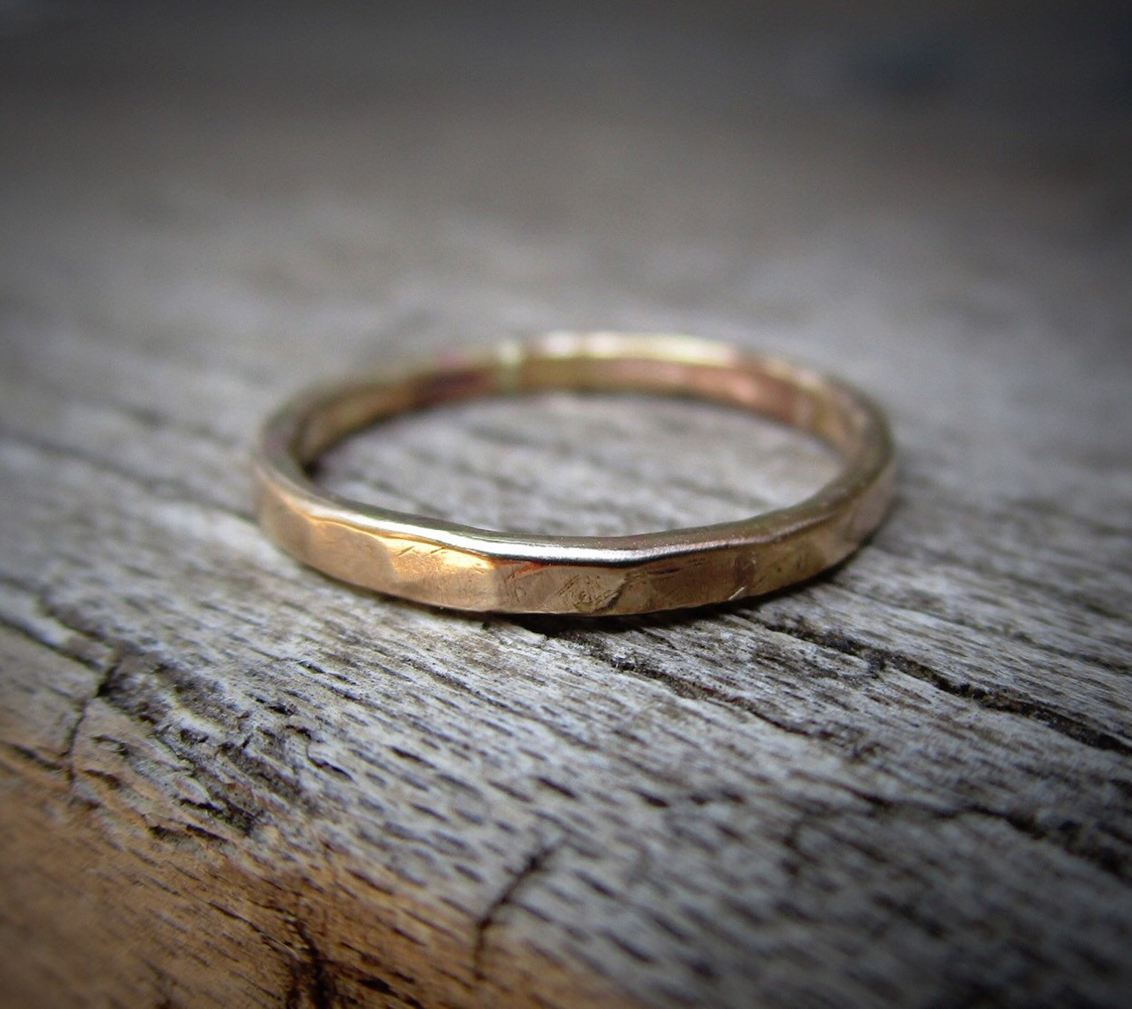 14k Gold Hammered Band Rustic Hammered Solid Gold Stacking | Etsy