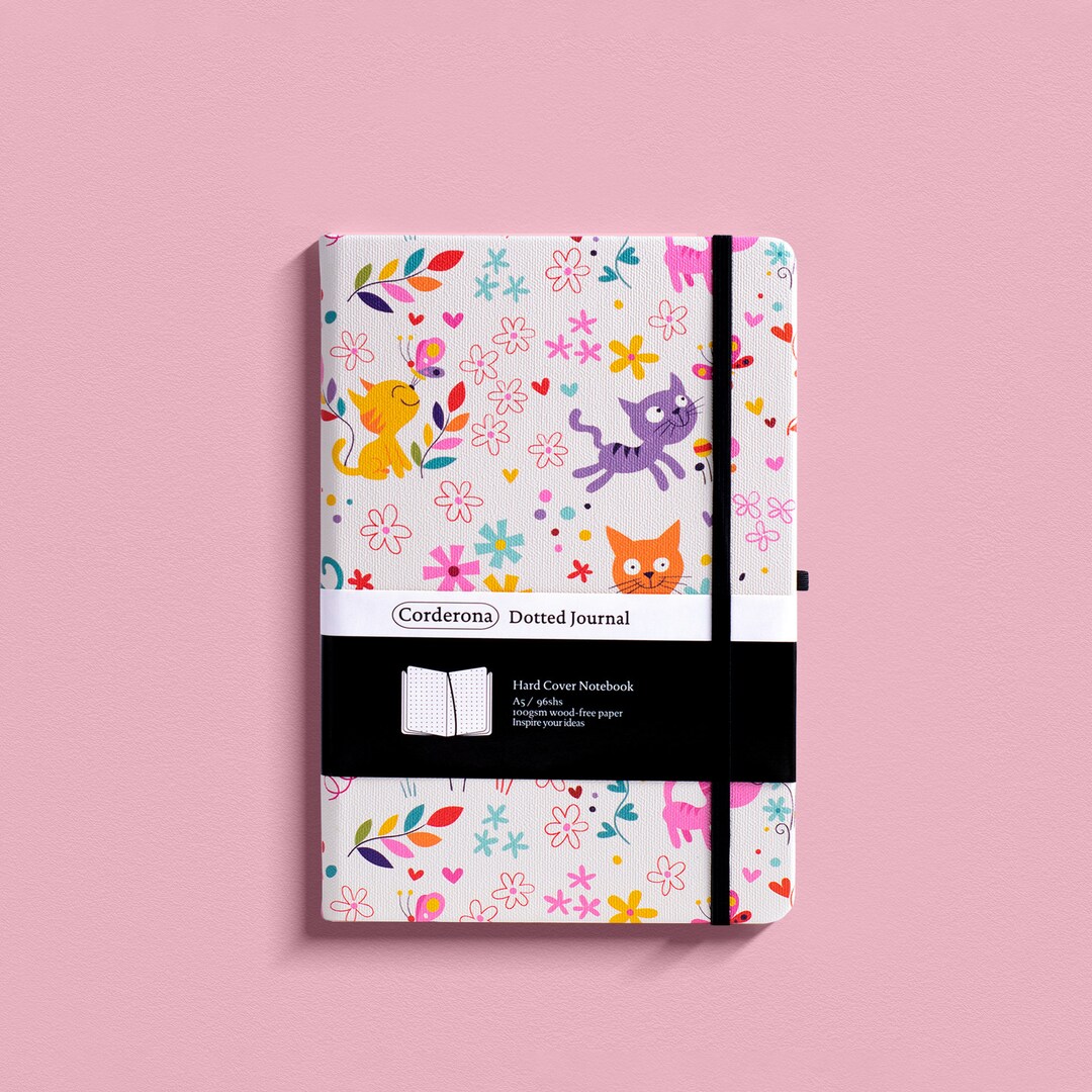 A5 Cats Dot Grid Bullet Notebook Hard Cover PU Elastic Band Travel ...