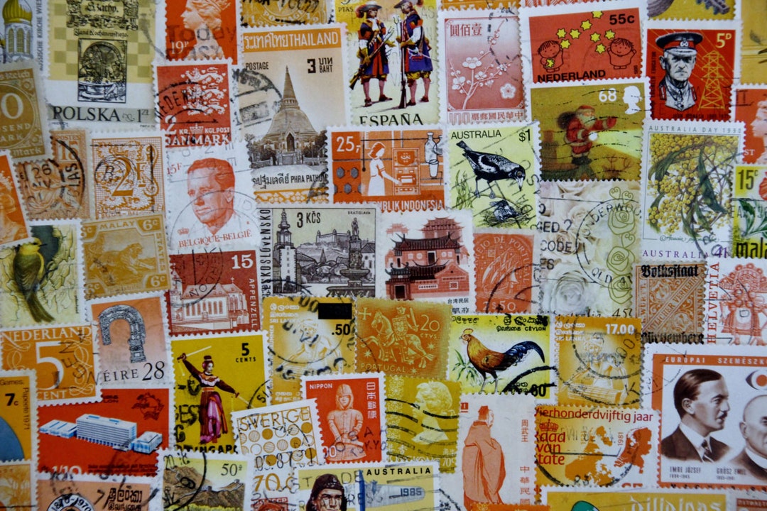 50 Yellow & Orange Postage Stamp Lot // Vintage and Modern World Stamps ...