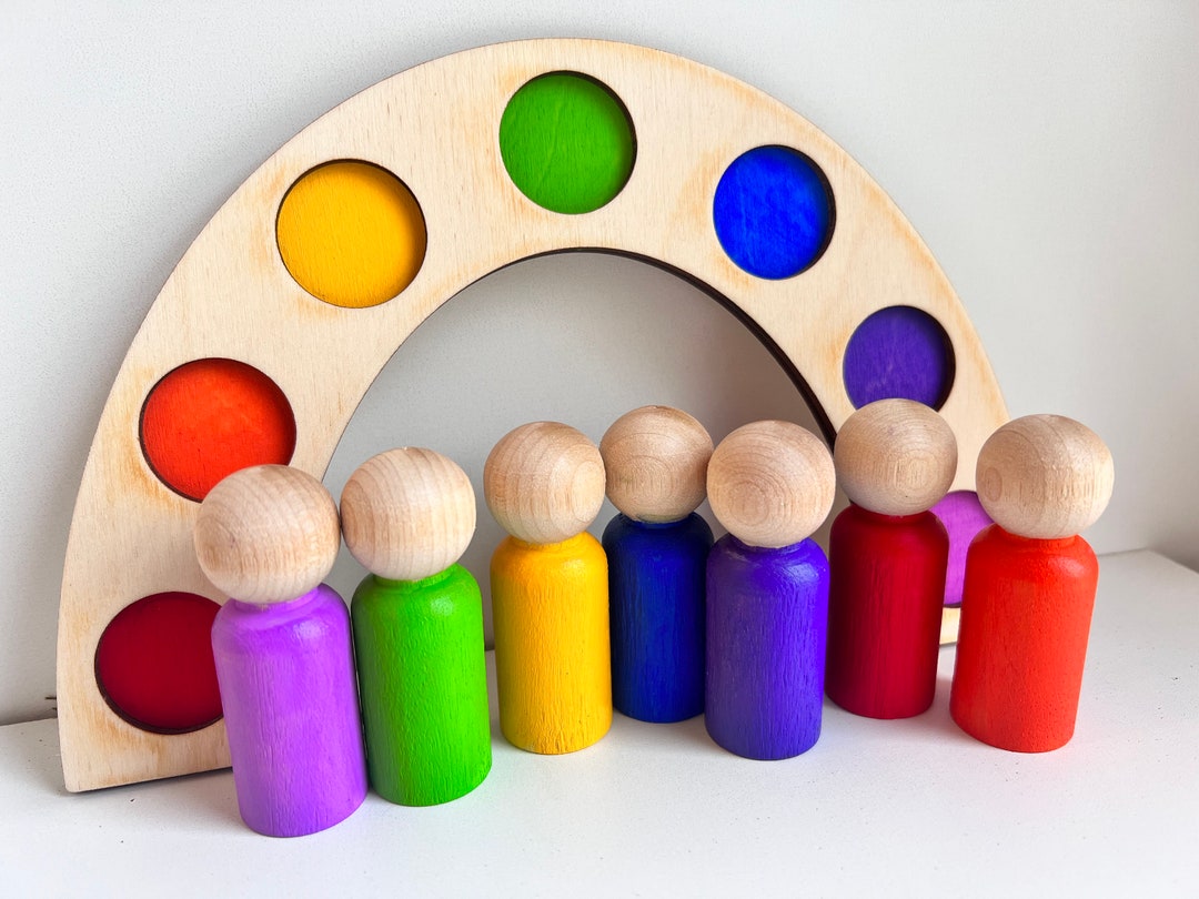 Waldorf Montessori Rainbow Color Matching Wooden Toy With 7 Peg People ...