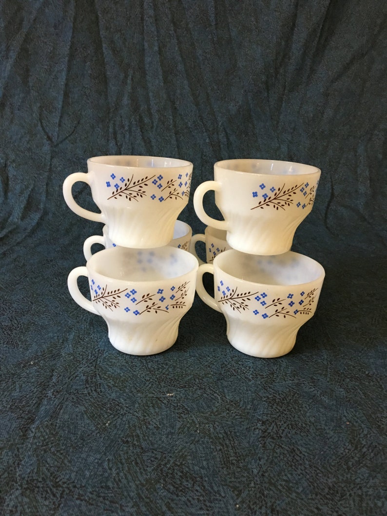 Termocrisa Blue Floral Milk Glass Swirl Coffee Cups Set of 6 | Etsy