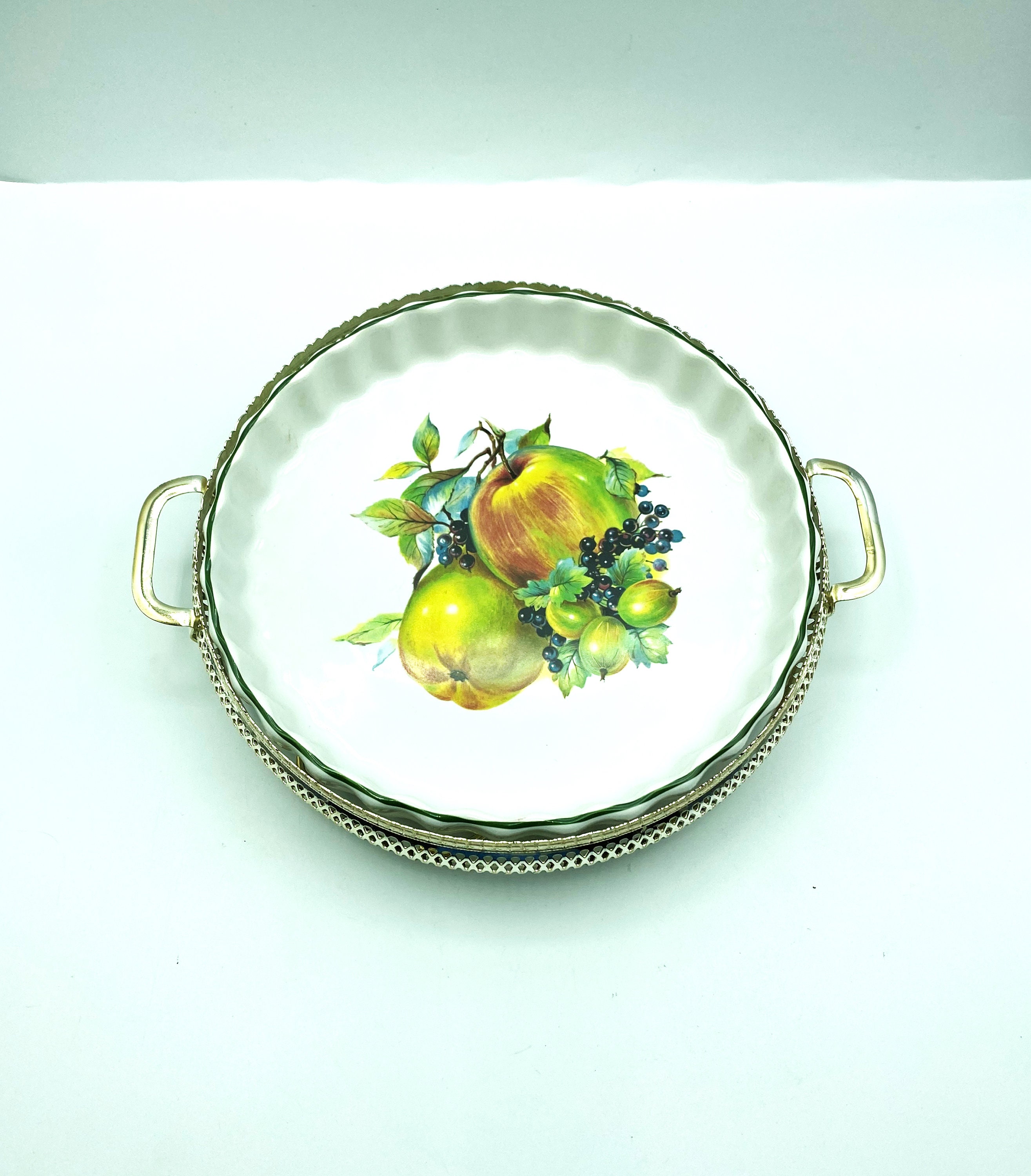 Vintage Fruit Pattern Flan Dish With Silver Plate Carrier - Etsy