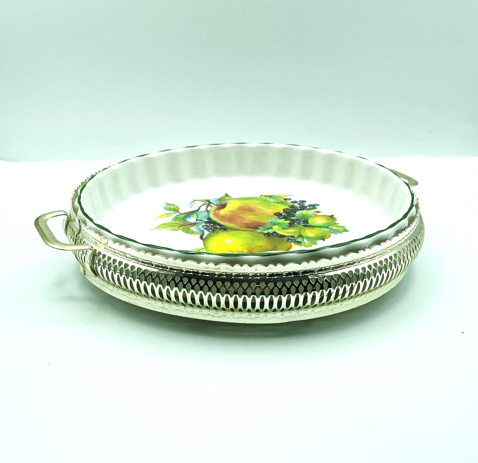 Vintage Fruit Pattern Flan Dish With Silver Plate Carrier - Etsy
