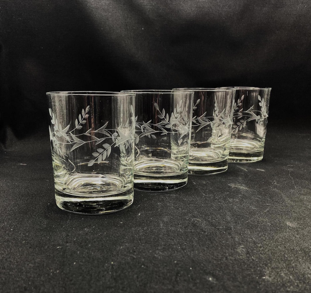 Vintage Javit Fragrance Gray Cut Floral Double Old Fashioned Glasses ...