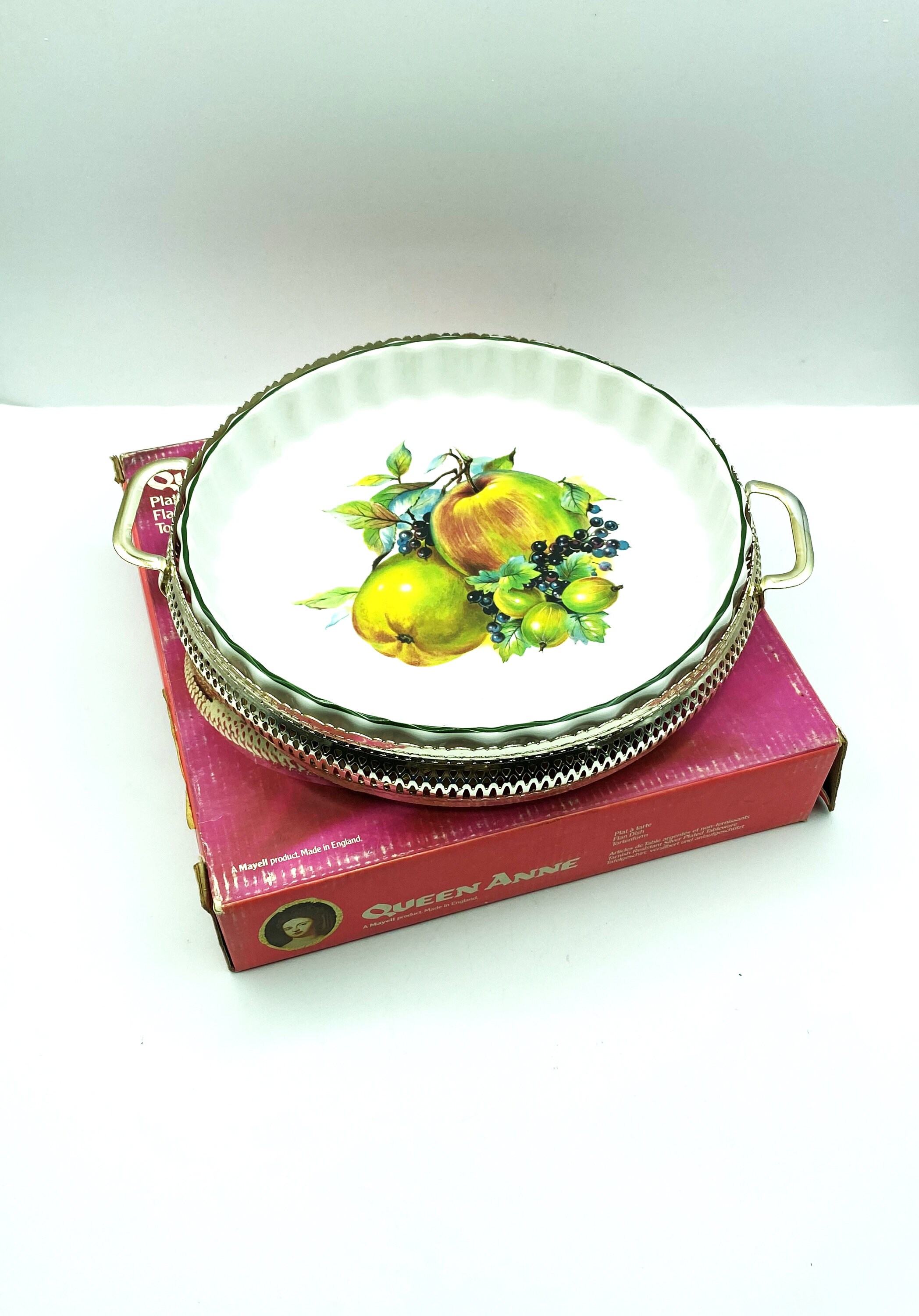 Vintage Fruit Pattern Flan Dish With Silver Plate Carrier - Etsy