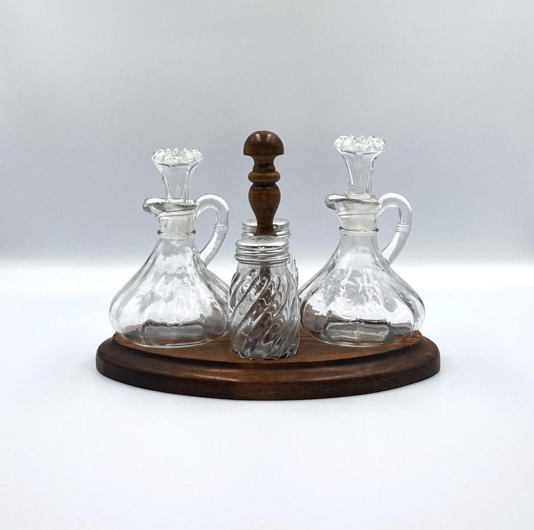Vintage Anchor Hocking Glass Cruet Set With Wooden Caddy, Oil and ...