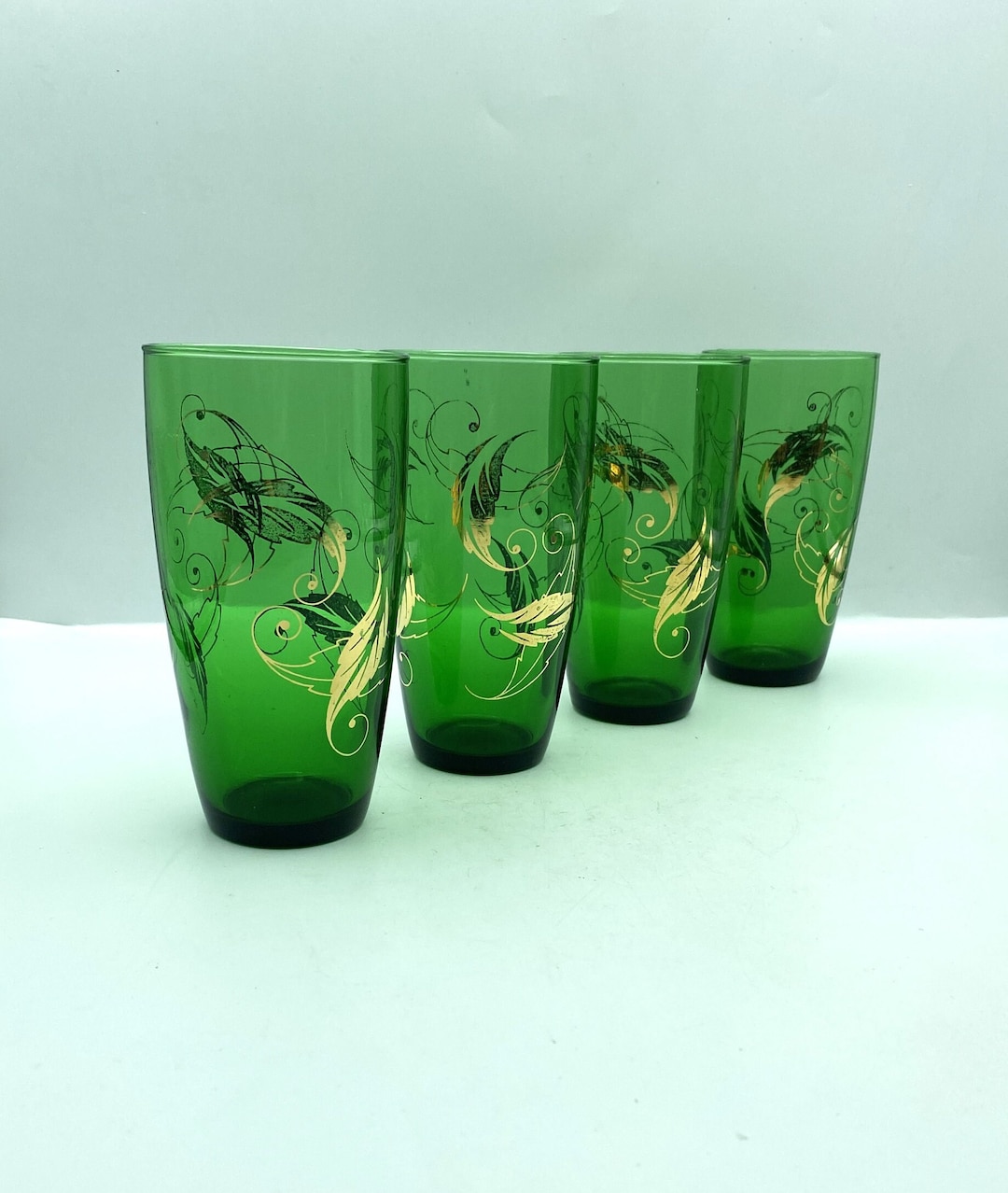 Vintage Emerald Green Gold Leaf Iced Tea Glasses, Set of 4, Anchor ...