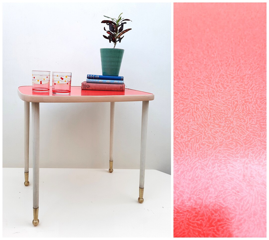 Rare Vintage Red Formica Top Side Table Ribbed & Brass Trim Legs - Etsy