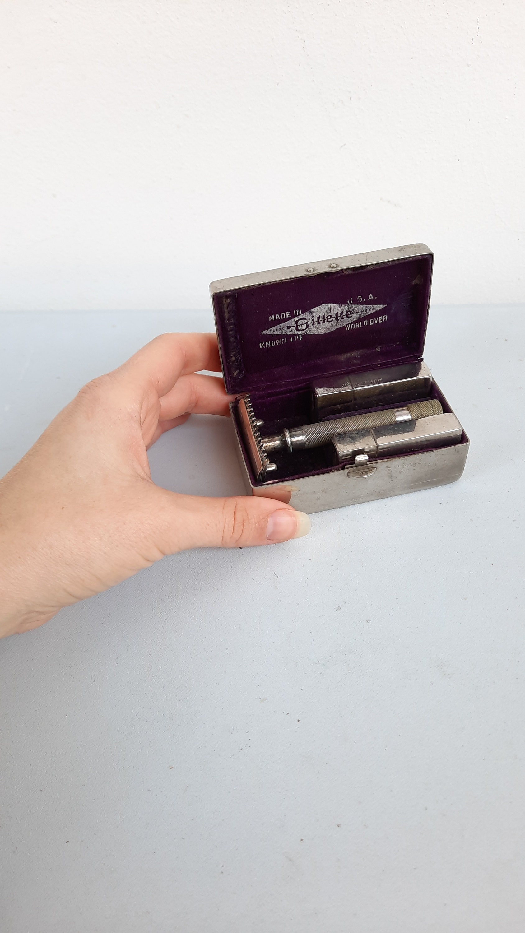Antique Gillette Shaving Kit Safety Razor & Blade Cases Silver Plated ...