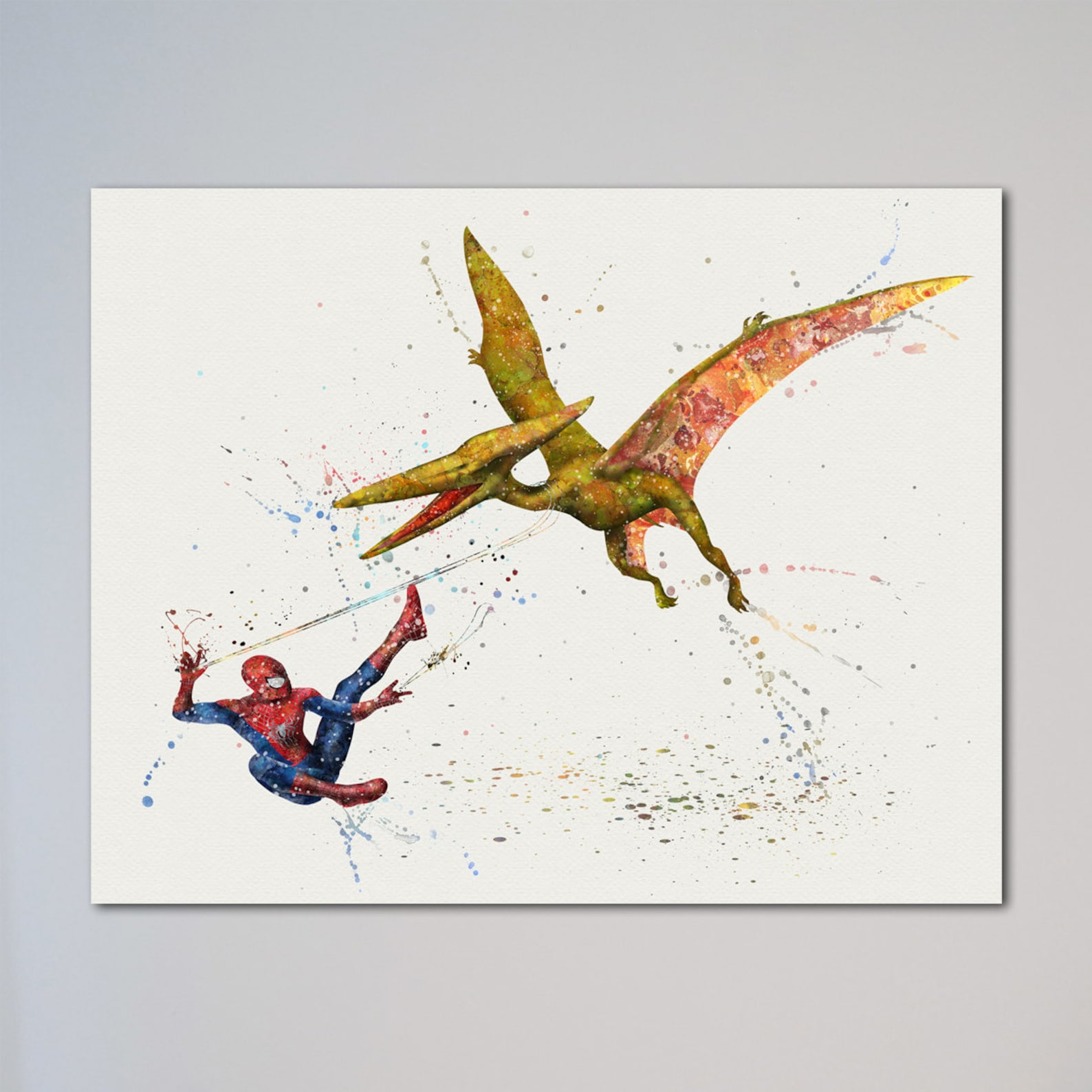 Spider-man Vs Pterodactylus Poster Dinosaur and Peter Parker Watercolor ...