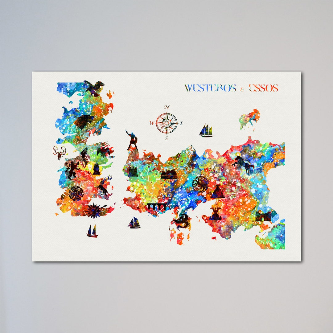 Game of Thrones Map Watercolor Poster Print Westeros & Essos House ...