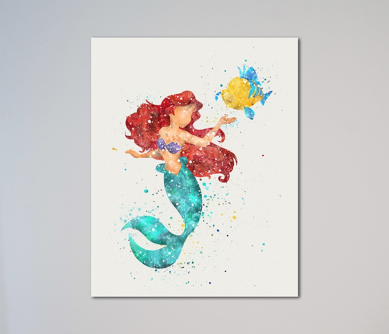 Ariel the Little Mermaid and Flounder Poster or Canvas Watercolor Print ...
