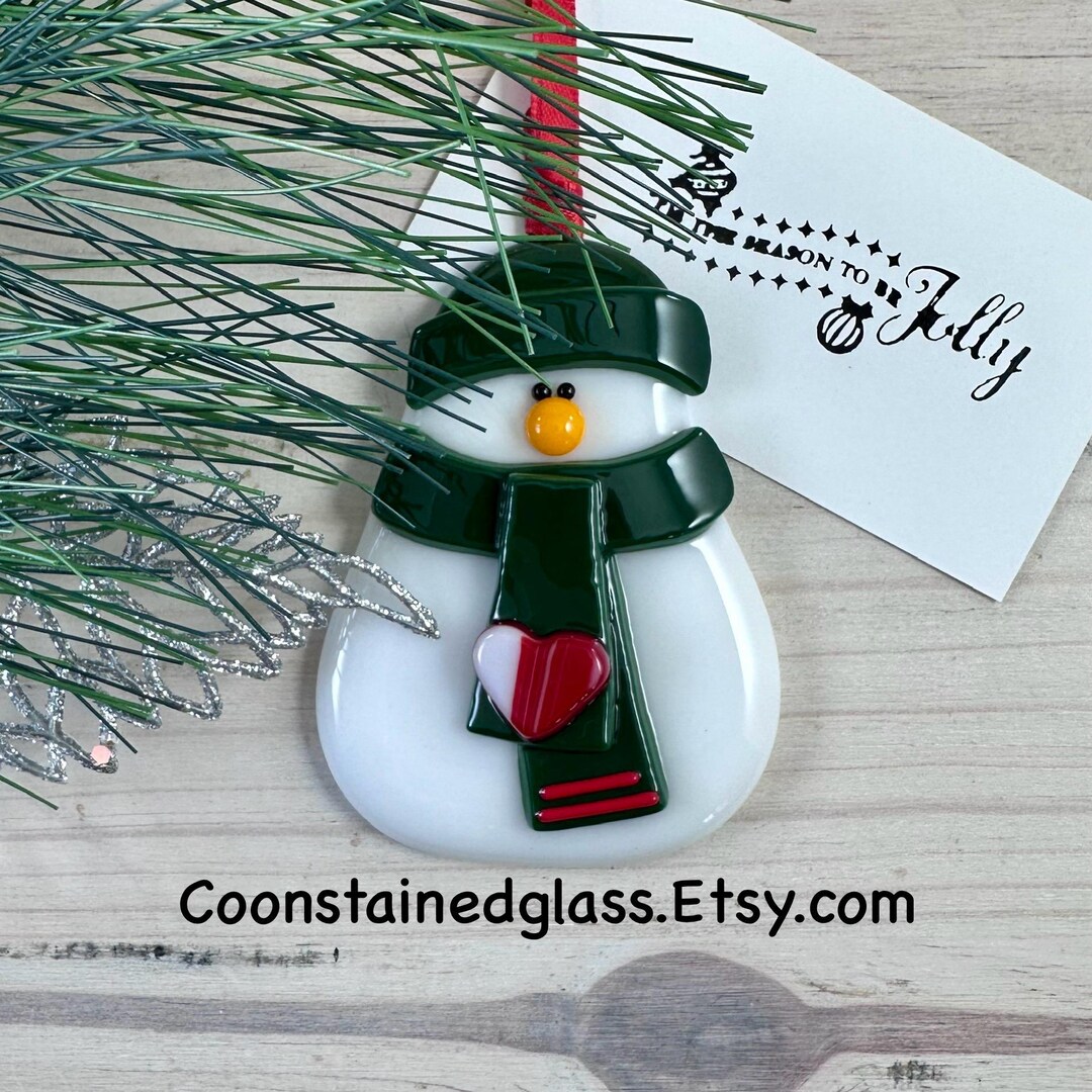 Snowman Christmas Ornament With a Green Hat and Scarf, Fused Glass ...