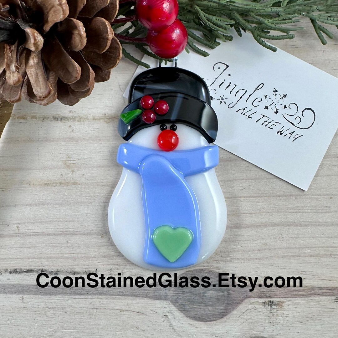 Snowman Christmas Ornament With a Blue Scarf and Top Hat, Fused Glass ...