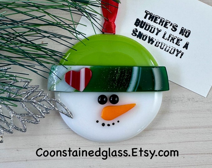 Snowman Christmas Ornament With a Green Beanie Hat, Fused Glass Snowman ...