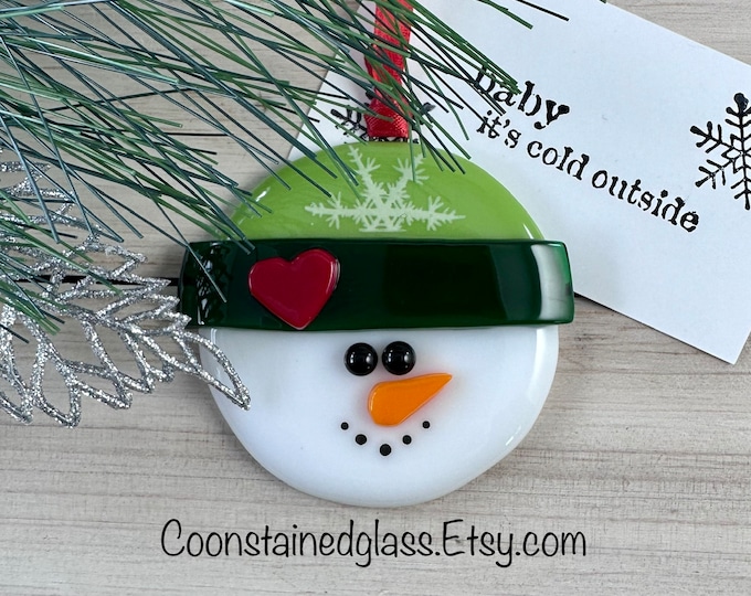 Snowman Christmas Ornament With a Green Beanie Hat, Fused Glass Snowman ...