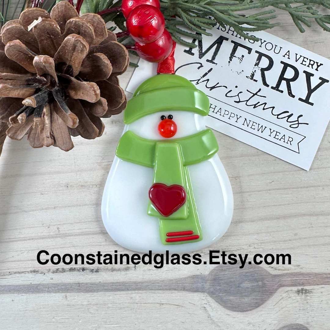 Snowman Christmas Ornament, Fused Glass Lime Green Snowman Ornament ...