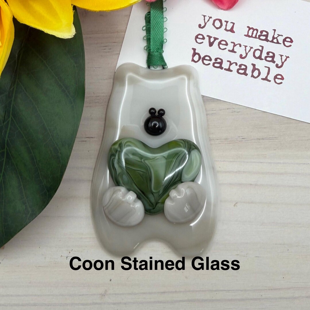 Taupe Fused Glass Bear Ornament: Green Heart, Woodland Decor - Etsy