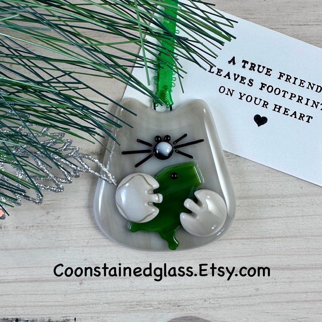 Taupe Cat Ornament With a Green Fish, Fused Glass Kitty Cat Ornament ...