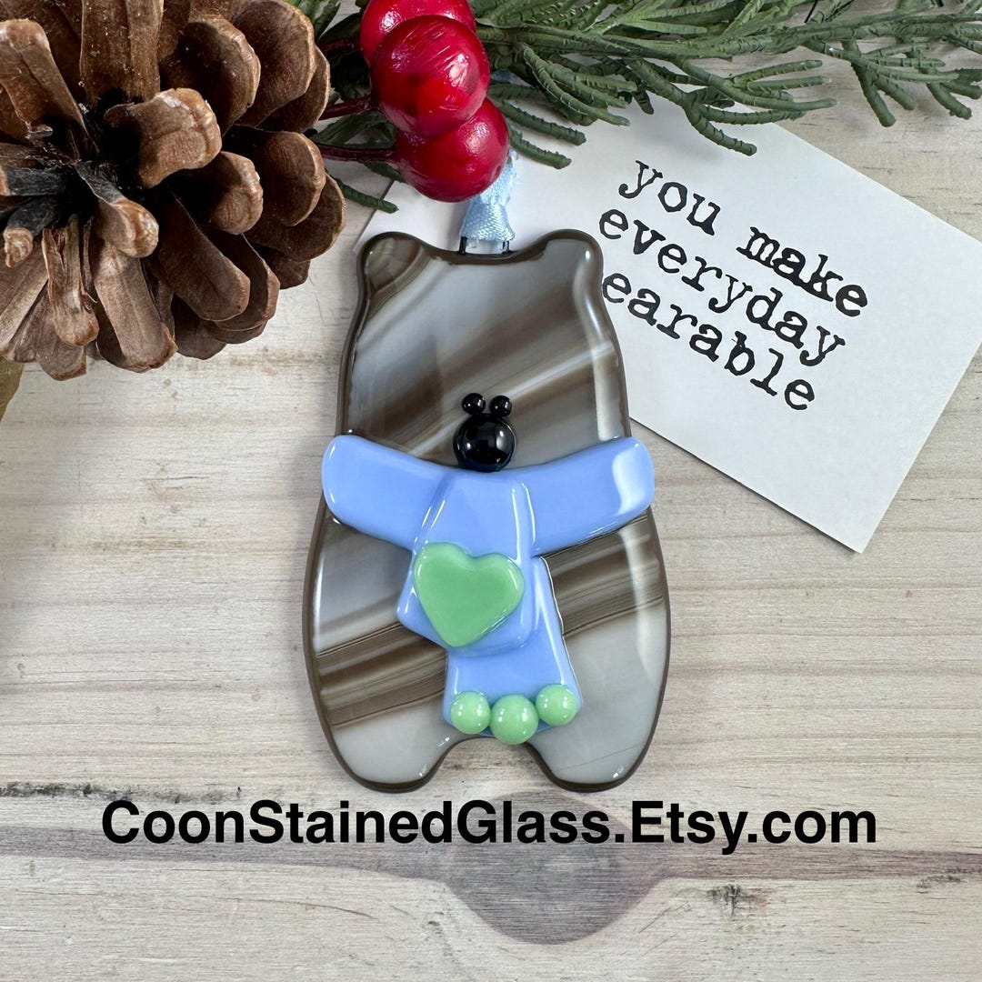 Fused Glass Brown Bear Christmas Ornament, Blue Scarf Cabin Decor - Etsy