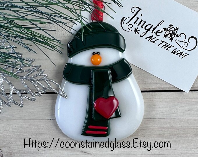 Snowman Christmas Ornament With a Green Hat and Scarf, Fused Glass ...