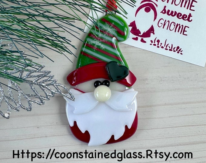 Red and Green Gnome Christmas Ornament, Fused Glass Gnome Decoration ...