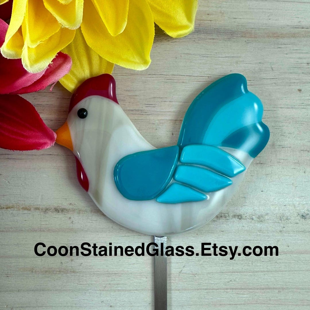 Taupe and Teal Green Rooster Garden Stake, Fused Glass Chicken Plant ...