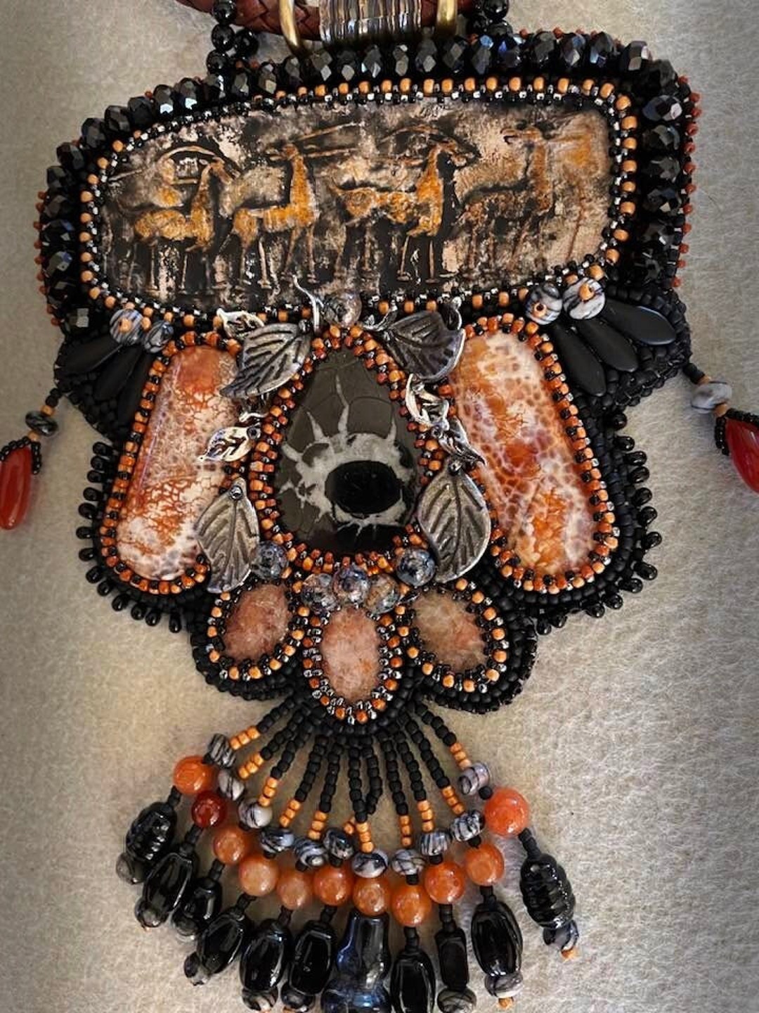 Bead Embroidery Pendant/necklace - Antelope, Agates, Sunstone ...