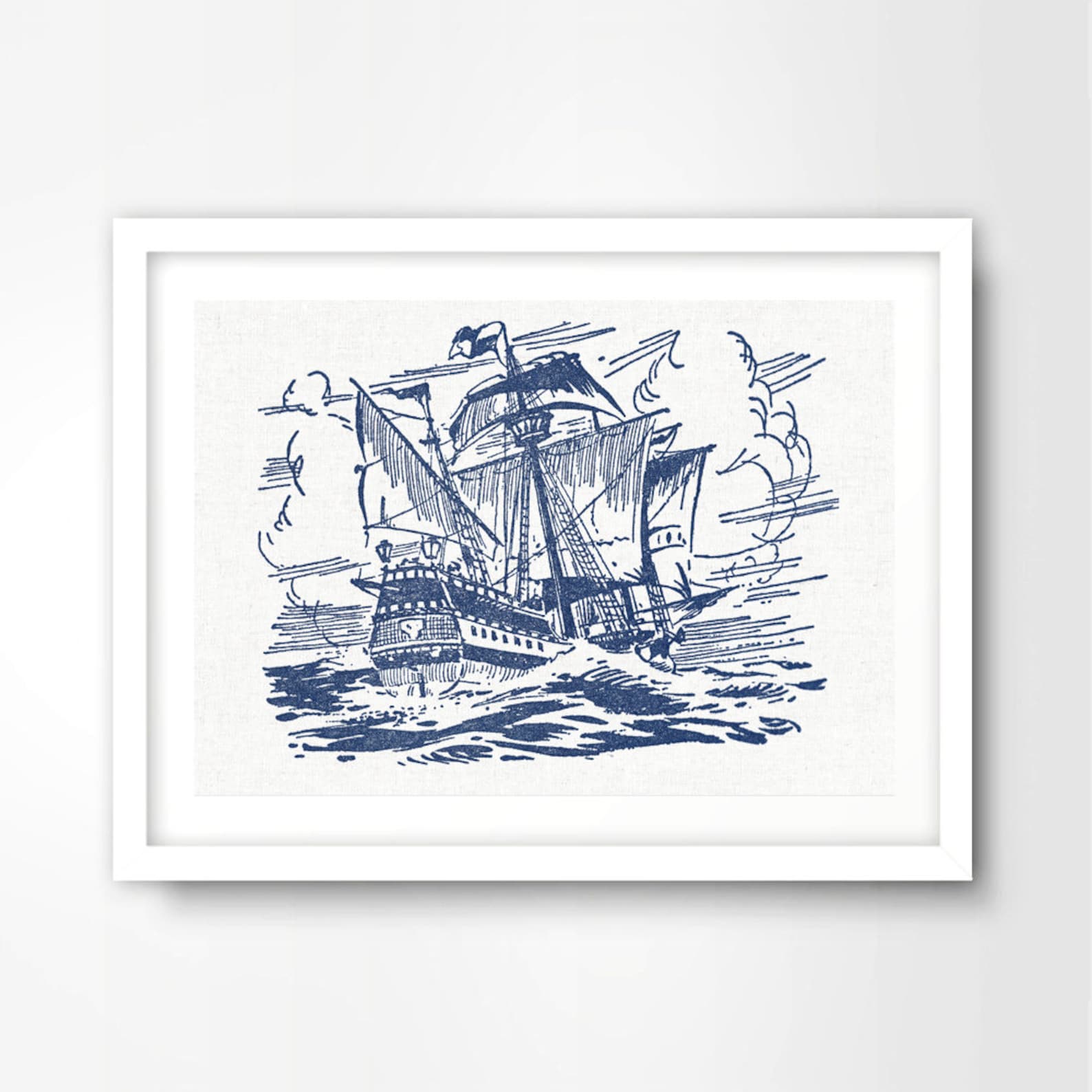 Blue Sailing Pirate Ship NAUTICAL ART PRINT Seaside | Etsy