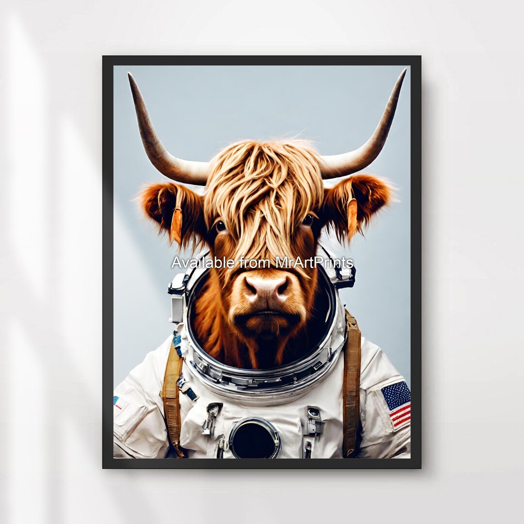 Highland Cow Astronaut Art Print: Quirky Space Animal Portrait - Etsy