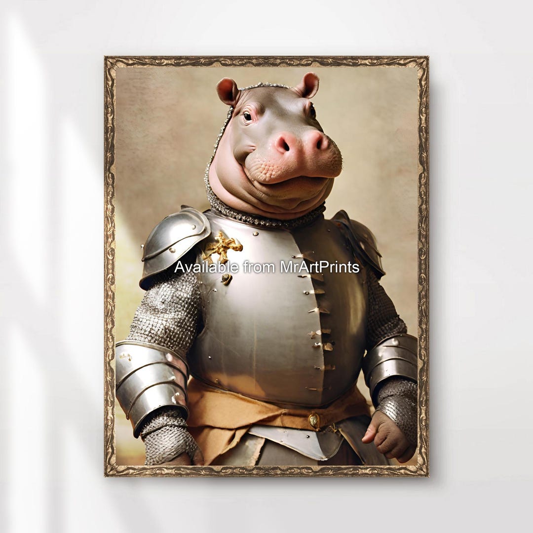 Medieval Knight Hippo Art Print Poster Wall Picture Funny Quirky Animal ...