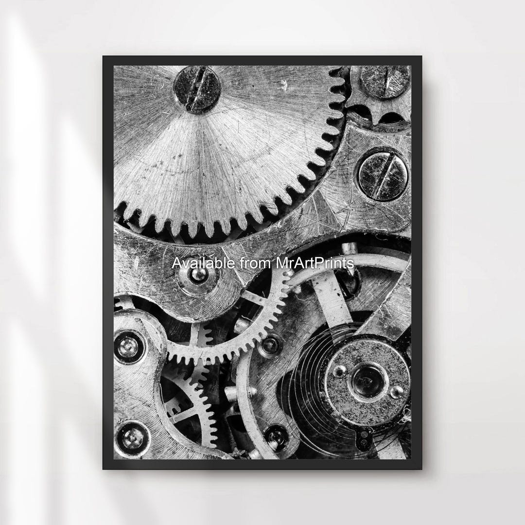 Black White Mechanical Cogs Gears Industrial Style Decor Art Print ...