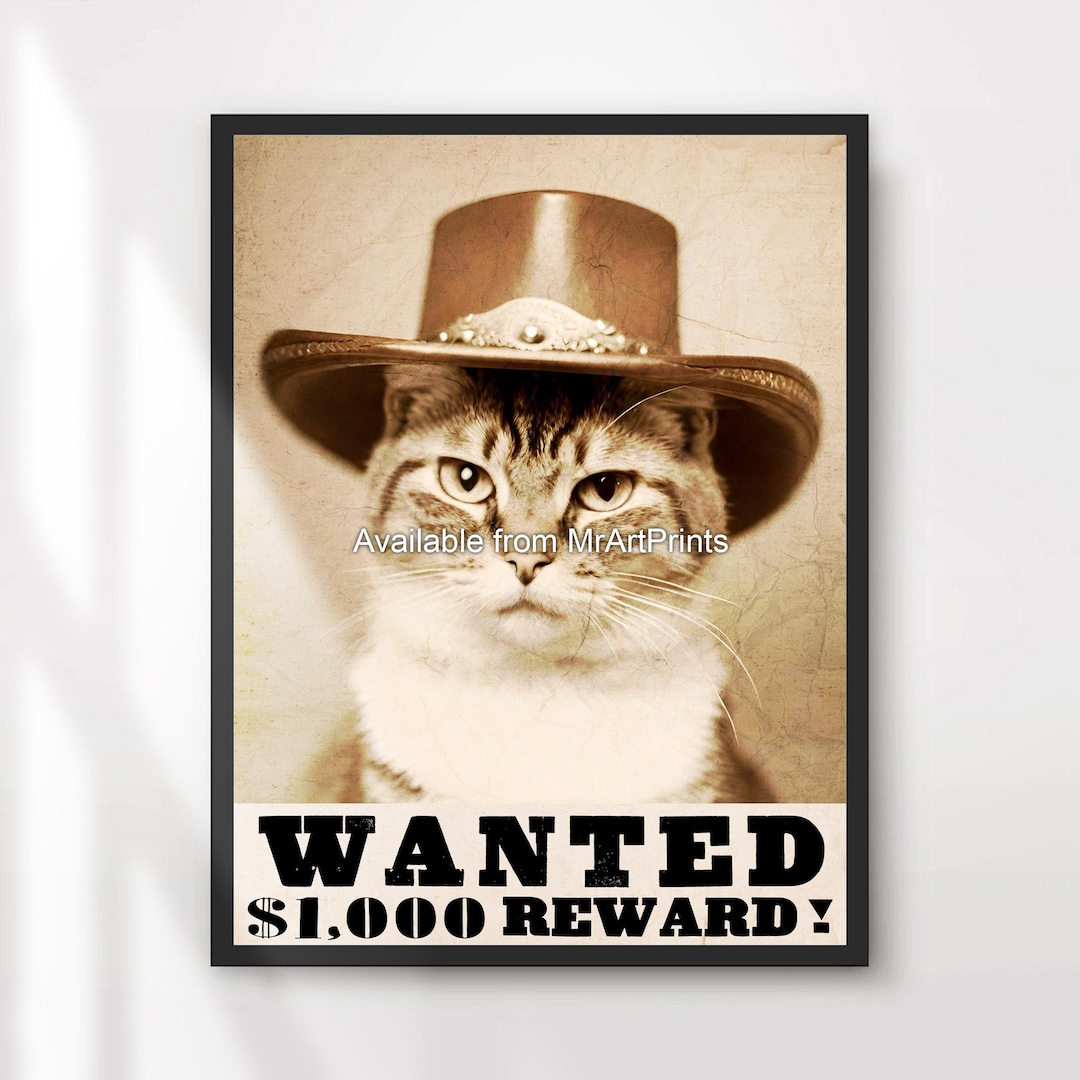 Cowboy Cat Wanted Poster Funny Animal Portrait Wild West Art Print Wall ...