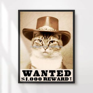 Cowboy Cat Wanted Poster Funny Animal Portrait Wild West Art Print Wall ...