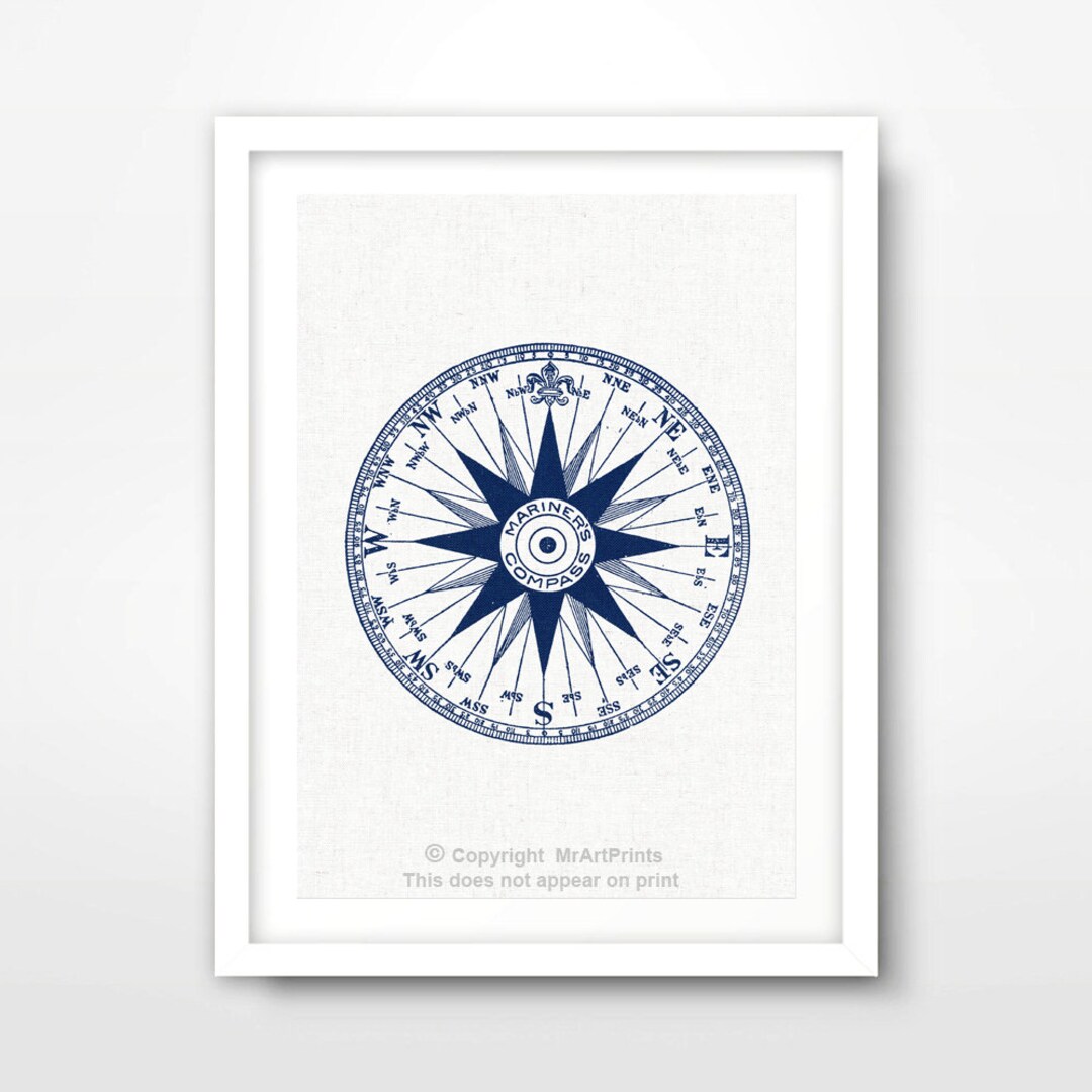 Blue Compass NAUTICAL ART PRINT Seaside Illustration Picture Wall Sea ...