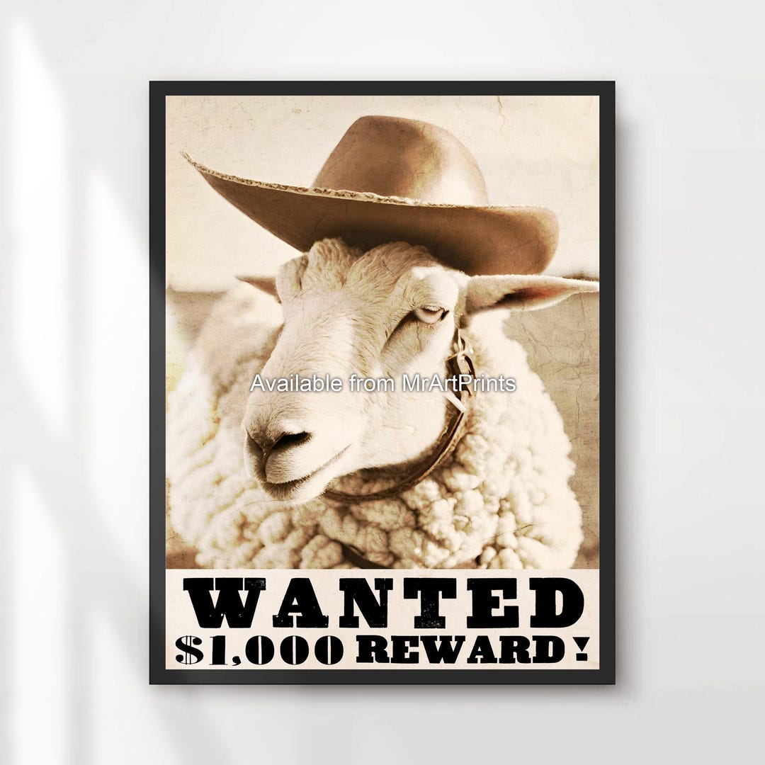 Cowboy Sheep Wanted Poster Funny Animal Portrait Wild West Art Print ...