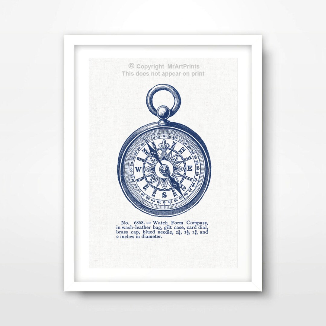 Blue Compass NAUTICAL ART PRINT Seaside Illustration Picture Wall Sea ...