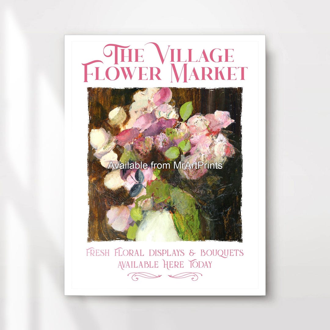 Pink Green Floral Flowers Bouquet Painting Art Print Poster Wall ...