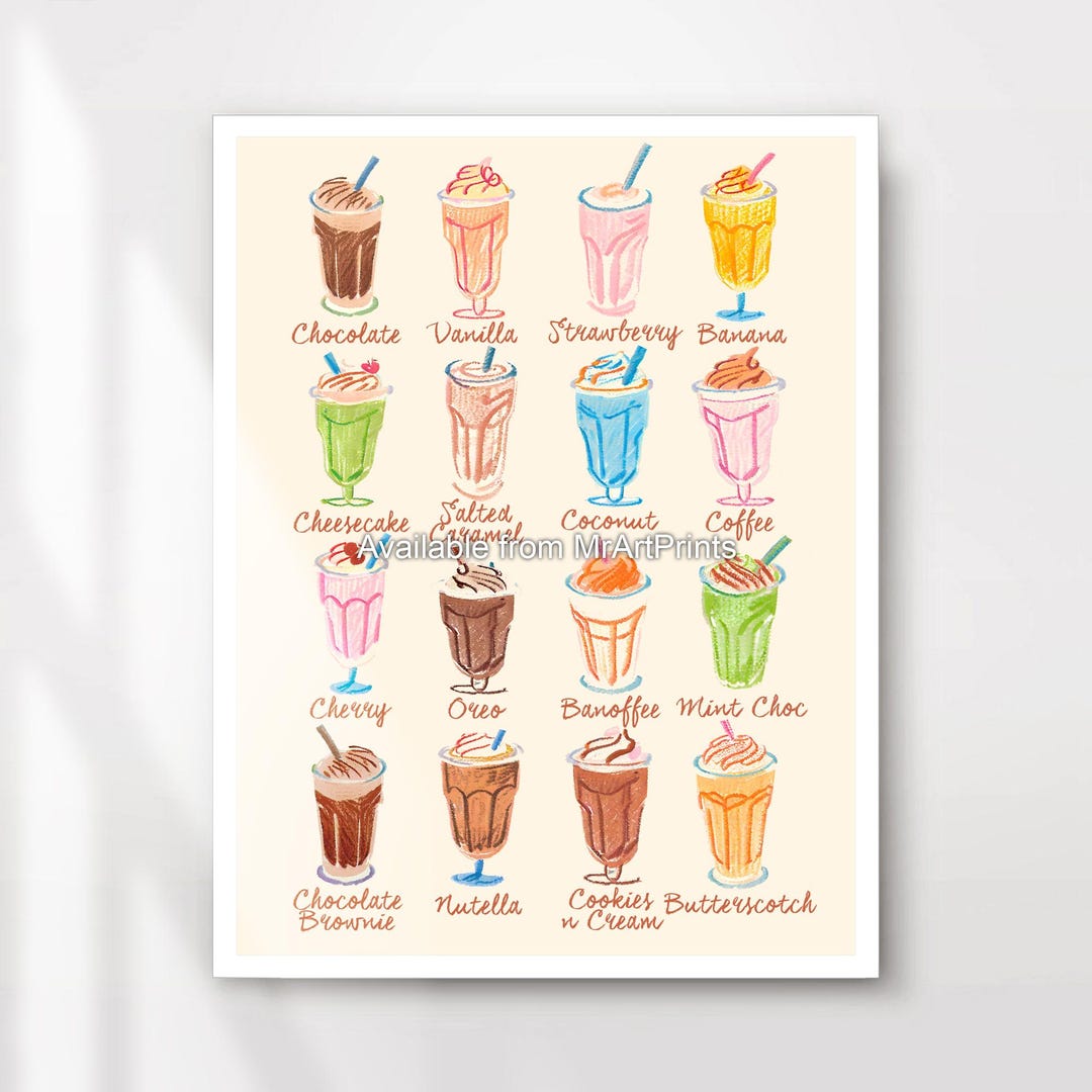 Kitchen Milkshake Flavour Types Chart Art Print Poster Cute Colourful ...