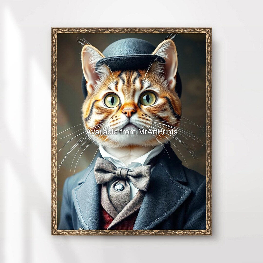 Cat Funny Cute Portrait Bowler Hat Bow Tie Art Print Poster Wall ...