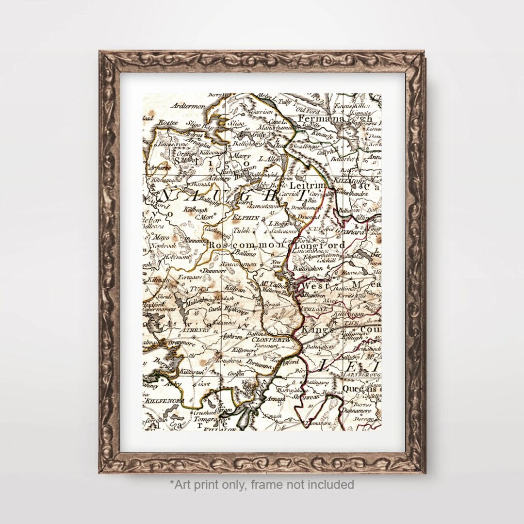 County ROSCOMMON Irish Map Chart ART PRINT Ireland Vintage Antique ...