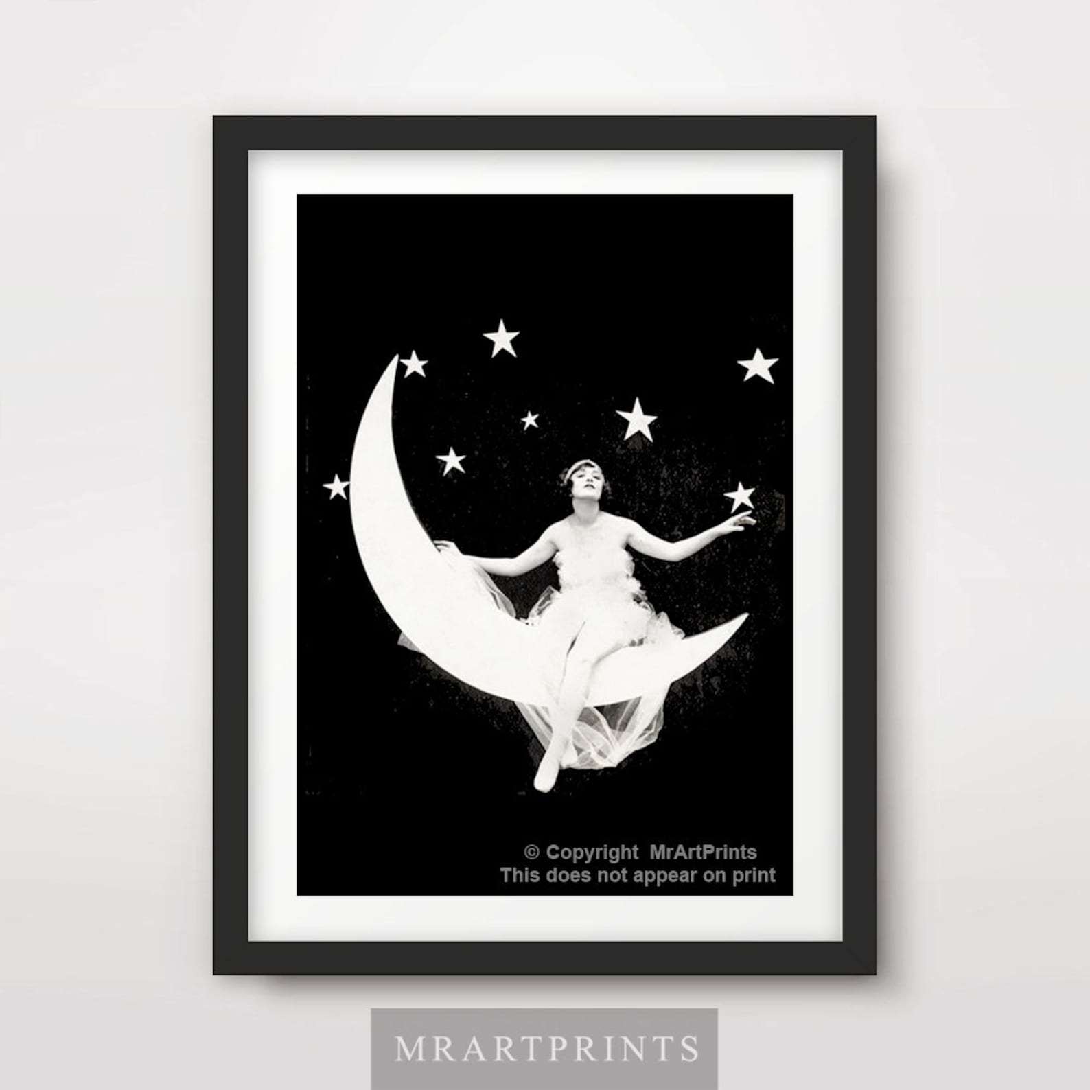 Crescent MOON Victorian Lady Sitting Black and White ART PRINT ...