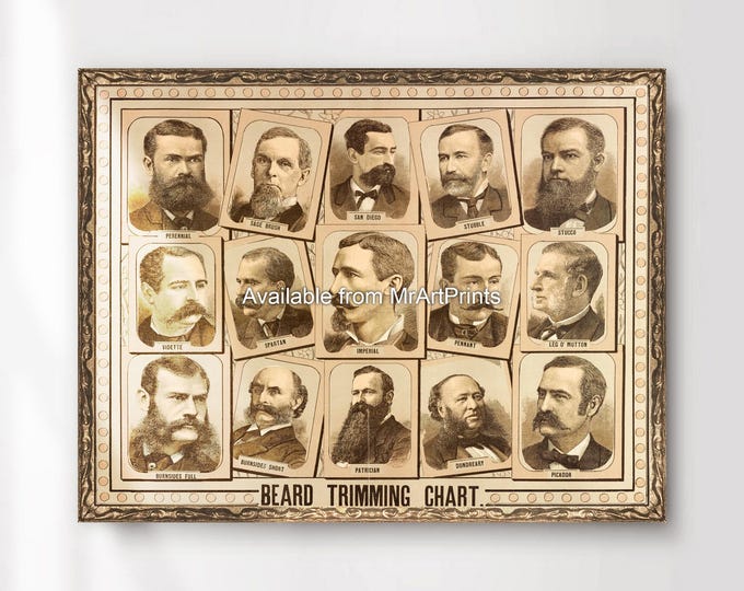 Beard and Mustache Chart - Facial Hair Art Print - Barber Shop Decor ...