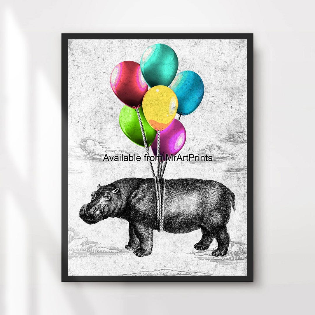 Whimsical Hippo Floating in the Sky on Balloons Art Print Poster Wall ...