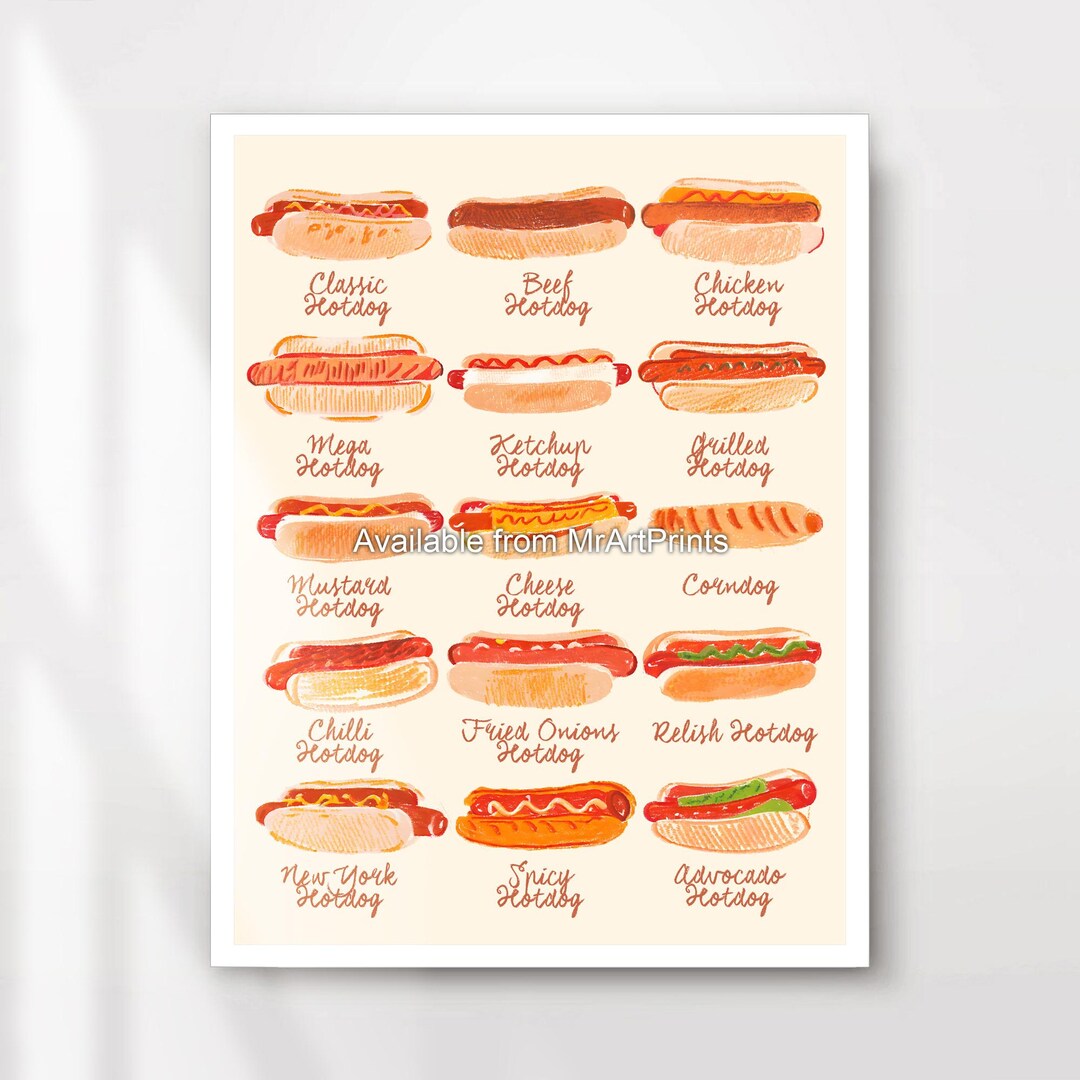 Kitchen Hotdogs Food Types Chart Art Print Poster Cute Wall Picture ...