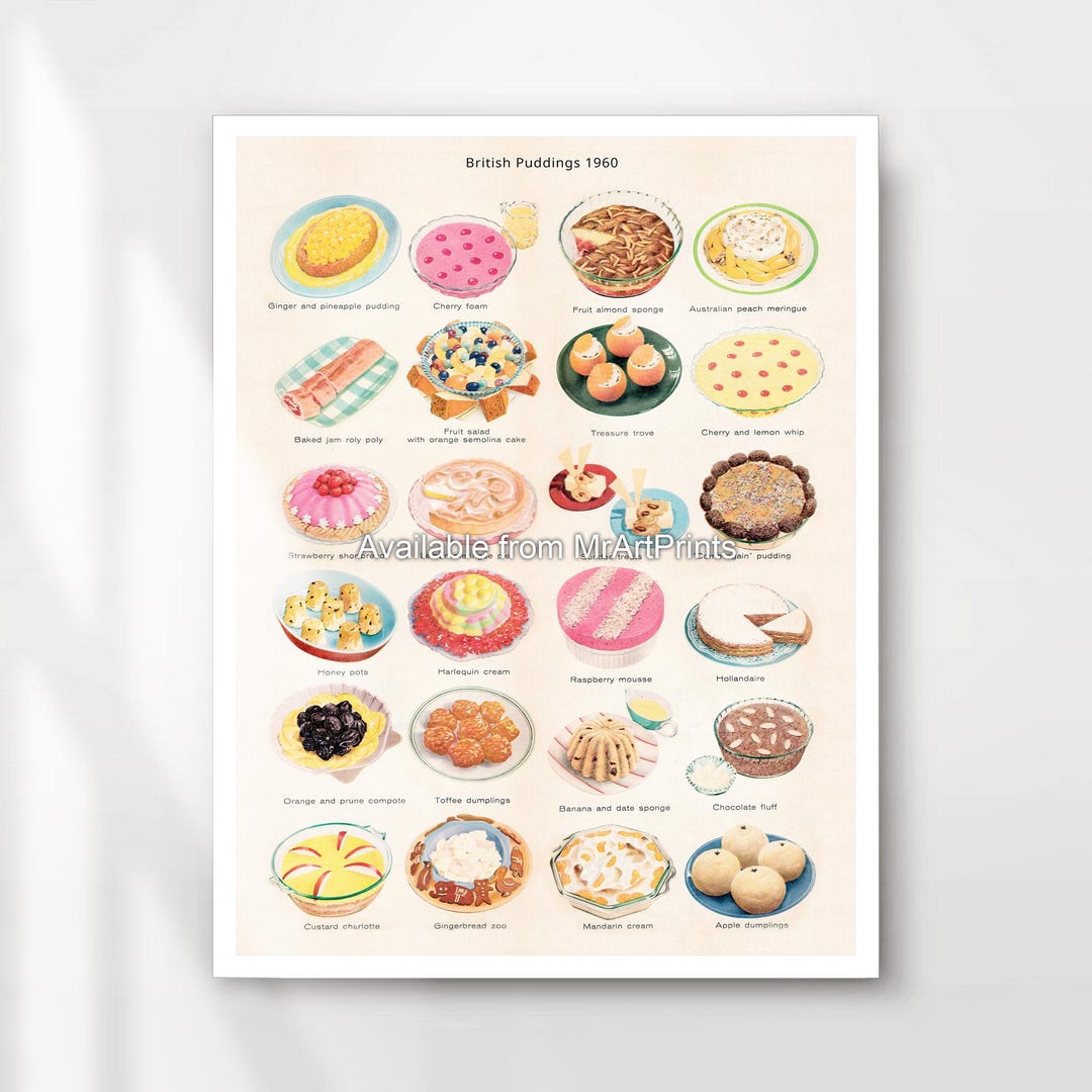 Kitchen Puddings Desserts Types Chart Art Print Poster Cute Pastel Wall ...